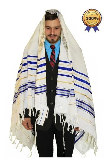 Talit Ortodoxo Gadol Jumbo Azul Com Dourado 130x180cm - De Israel ...