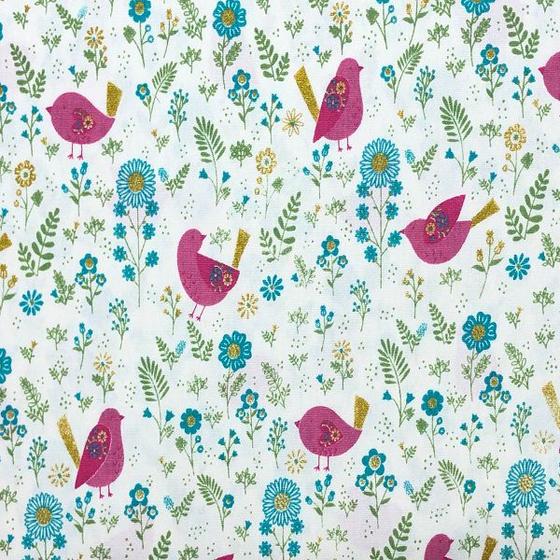 Tecido Tricoline 50cm Rotativo Passarinho Rosa Rabinho Dourado Envio ...