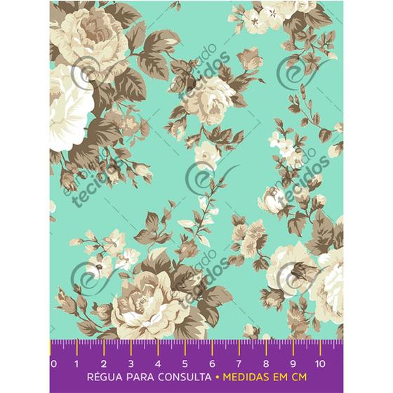 Tecido Tricoline Estampado Floral Bege Fundo Azul Turquesa - 1,50m de ...