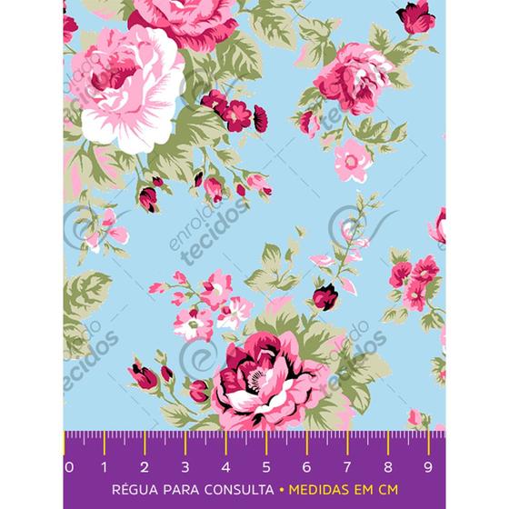 Tecido Tricoline Estampado Floral Rosa Fundo Azul - 1,50m de Largura ...
