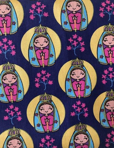 Tecido Tricoline Estampado Nossa Senhora, Flores Rosa Pink, Fundo Azul Marinho - PERIPAN ...