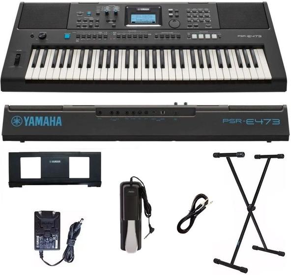 Teclado Arranjador Yamaha PSR-E473 + Suporte + Pedal Sustain + Cabo p10 ...