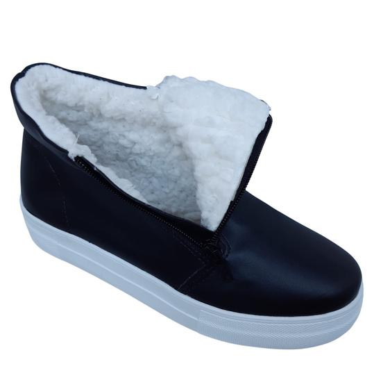 Tênis Botinha Cano Alto Pelinho Lã Forrado Abotinado Inverno Preto ...