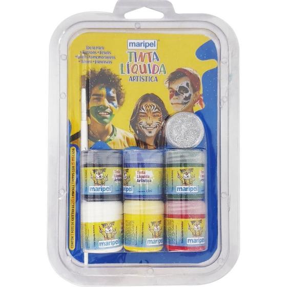 Tinta Líquida Artística com Glitter KIT com 6 Cores + Pincel Maripel ...