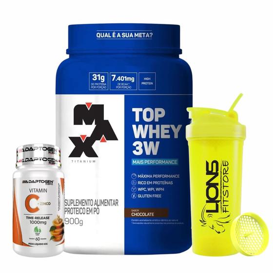 Top Whey 3w Mais Performance 900g Baunilha Max Titanium + Vitamina C 60caps Adaptogen ...