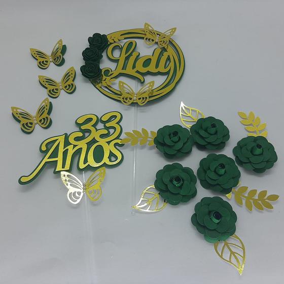 Topo de Bolo Flores e Borboletas Verde e Dourado personalizado - miwl ...