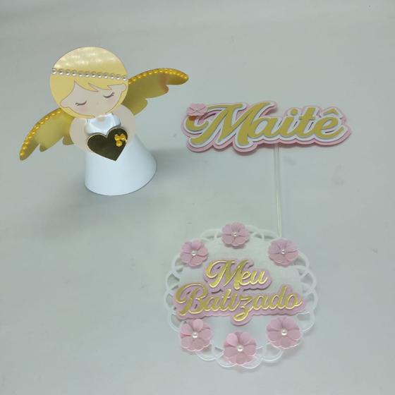 Topo De Bolo Meu Batizado Anjinha 3d Arco de Flores personalizado ...