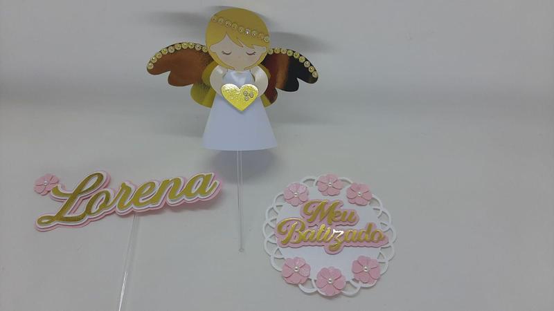Topo de Bolo Meu Batizado Anjinha 3d Rosa com Dourado personalizado ...