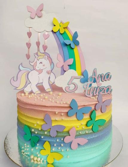 Topo de Bolo Unicórnio Personalizado Arco Íris / Borboletas - MIWL ART ...