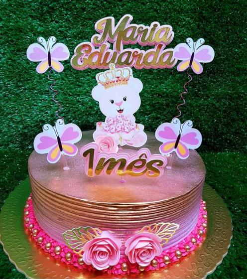 Topo de Bolo Ursinho com Coroa e Borboletas personalizado - MIWL ART ...