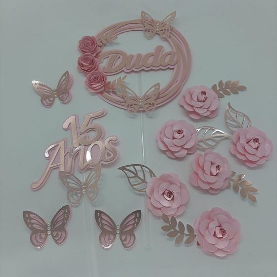 Topper de Bolo 15 anos Flores personalizado rosa com rose gold - MIWL ...