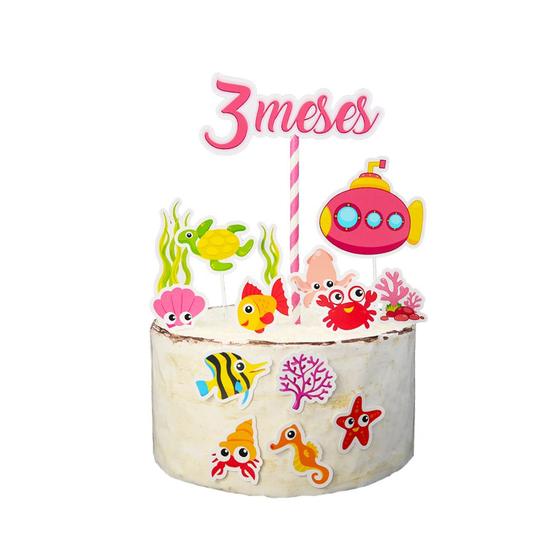 Topper de Bolo Mesversário 3 Meses Fundo do Mar Menina - Decoração de ...