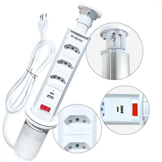 Torre Tomada Bancada de Embutir Com USB Interruptor 3 Tomadas 20A Plug ...