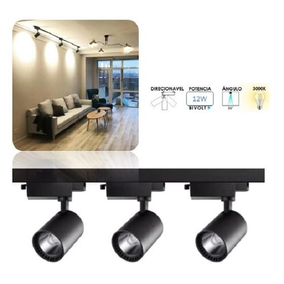 Trilho Eletrificado 1 Metro Preto Com 3 Spots Led 12W 3000K - CTB ...