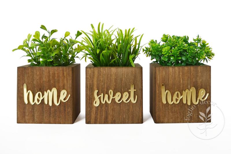 Trio de Vasinhos Decorativos com Frase Home Sweet Home e Planta ...
