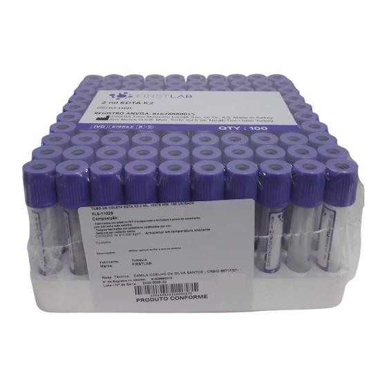 Tubo De Coleta Edta K2 2 Ml, 13x75 Mm. 100 Un/Rack (Firstlab) - Tubo de ...