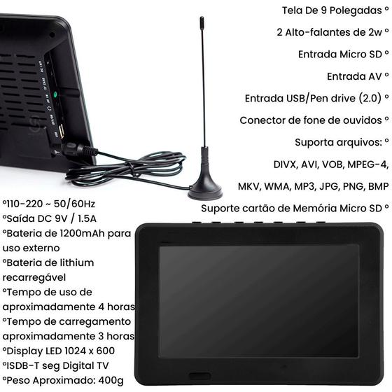 TV Digital Tela Monitor Portatil Recarregavel Antena 9 POL' - TOMATE ...