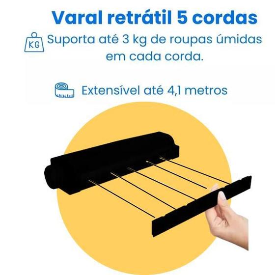 Varal Roupas Recolhível Automático Rotoflex Secalux Preto Fácil Fixação ...