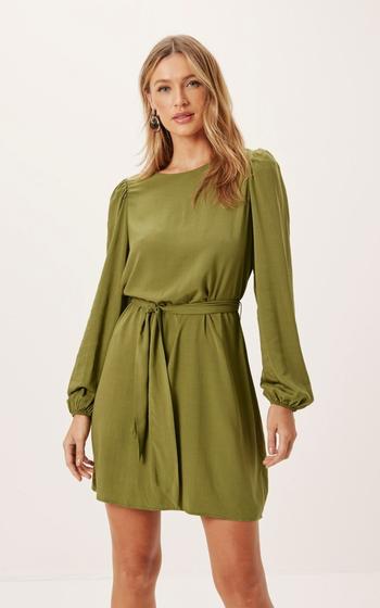 Vestido curto manga longa com faixa, cor: verde aspargo. Tam. M - Dimy ...