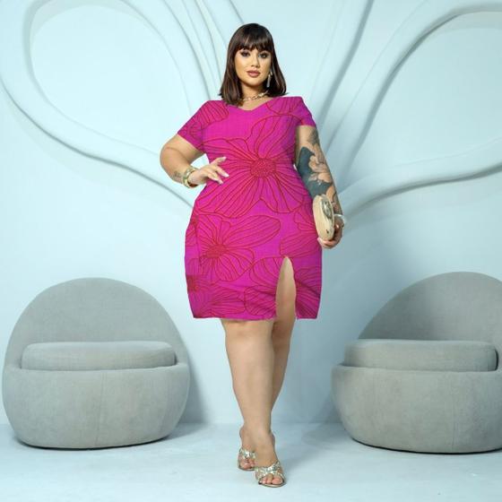 Vestido Feminino Curto Floral decote V leve com fenda manga curta plus ...