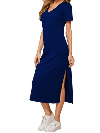 Vestido Feminino Midi Manga Curta Gola V Em 100 Algodão Elegante Para