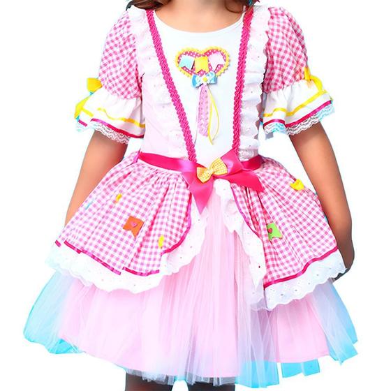 Vestido Junino Infantil Xadrez Rosa Com 2 Chapéu Caipira de Luxo pra ...