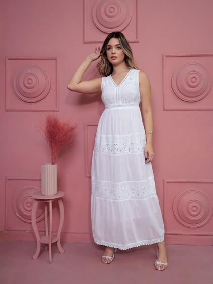 Vestido Longo Babado Renda Branco Festa Noivas Réveillon 602 - Deeyaa ...