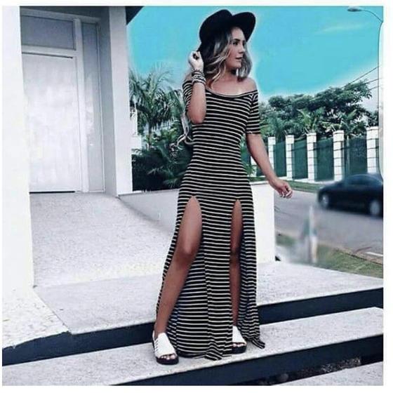 Vestido Longo Decote Canoa Dupla Fenda Na Perna Plus Size ...