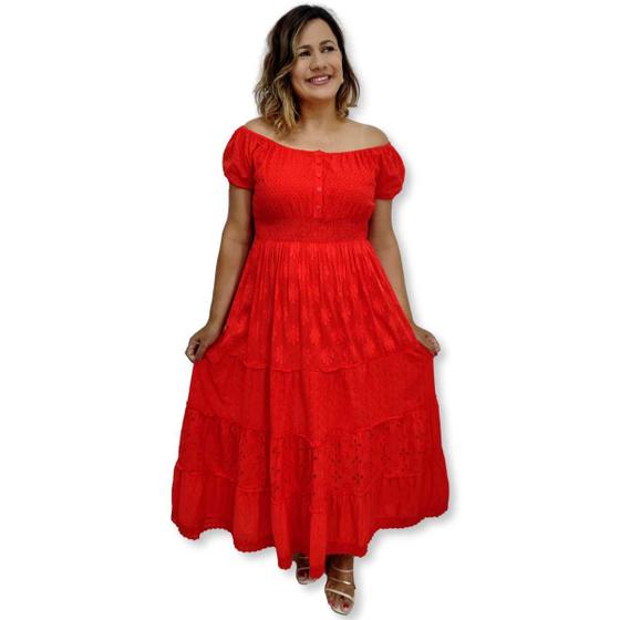 Vestido Longo Indiano com Manga, Botão Liso e Lesi Plus Size - Sarat ...