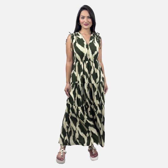 Vestido Longo Maya Ombro Drapeado Regulável Acinturado Decote em V ...