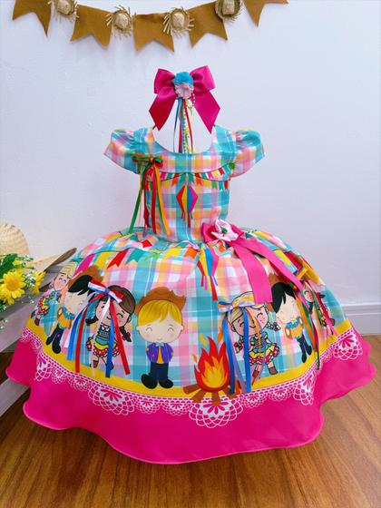Vestido Xadrez Infantil Junino Rosa Colorido Festa Junina Quadrilha São ...