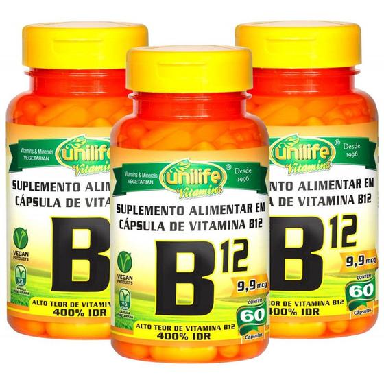 Vitamina B12 Cobalamina Vegana 60 cápsulas de 450mg Kit com 3 - Unilife ...