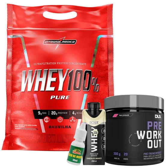 Whey 100% Pure 900g - Refil - Integral + Whey Shake 250ml - Dux + Pre Workout - 300g - Dux ...