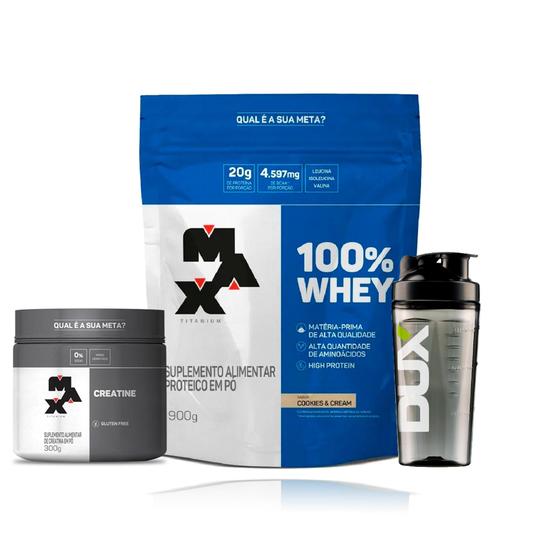 Whey Protein 100% Max Titanium + Creatina 300g + Coqueteleira - Kit de ...