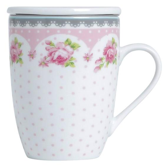 Xícara Caneca de Chá Porcelana Branca com Tampa e Infusor Inox 310ml ...