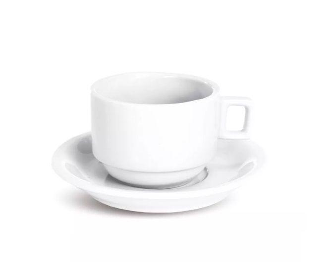 Xícara de Chá Empilhável com Cabo Quadrado e Pires em Porcelana Branca 200ml - Terramada ...