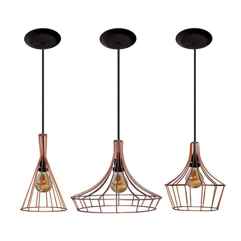 03 Lustres Pendentes Aramado - Pode usar lâmpadas de Filamento - Cobre ...