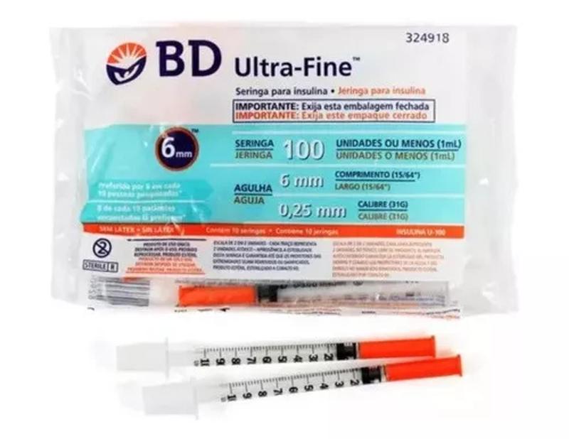 10 seringas BD 100ui Agulha 8mm x 0,3mm Ultra-fine Capacidade em volume ...