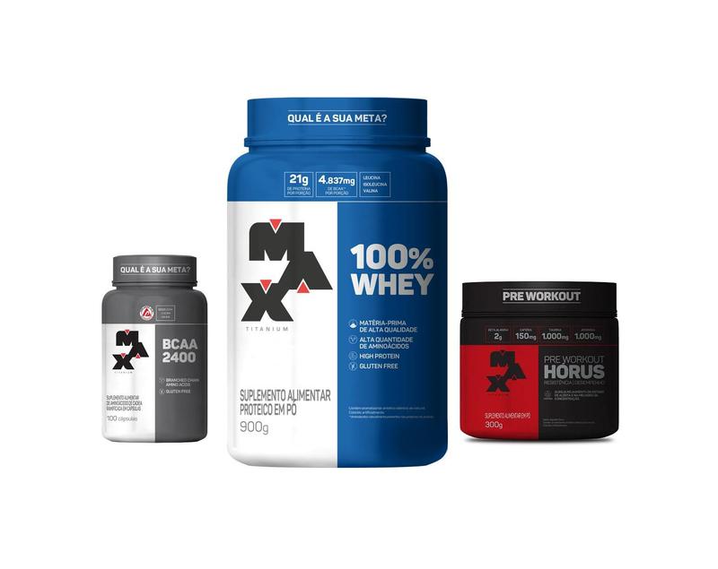 100% Whey 900g Pote + bcaa 100Capsulas + Pré Treino Horus - Max ...