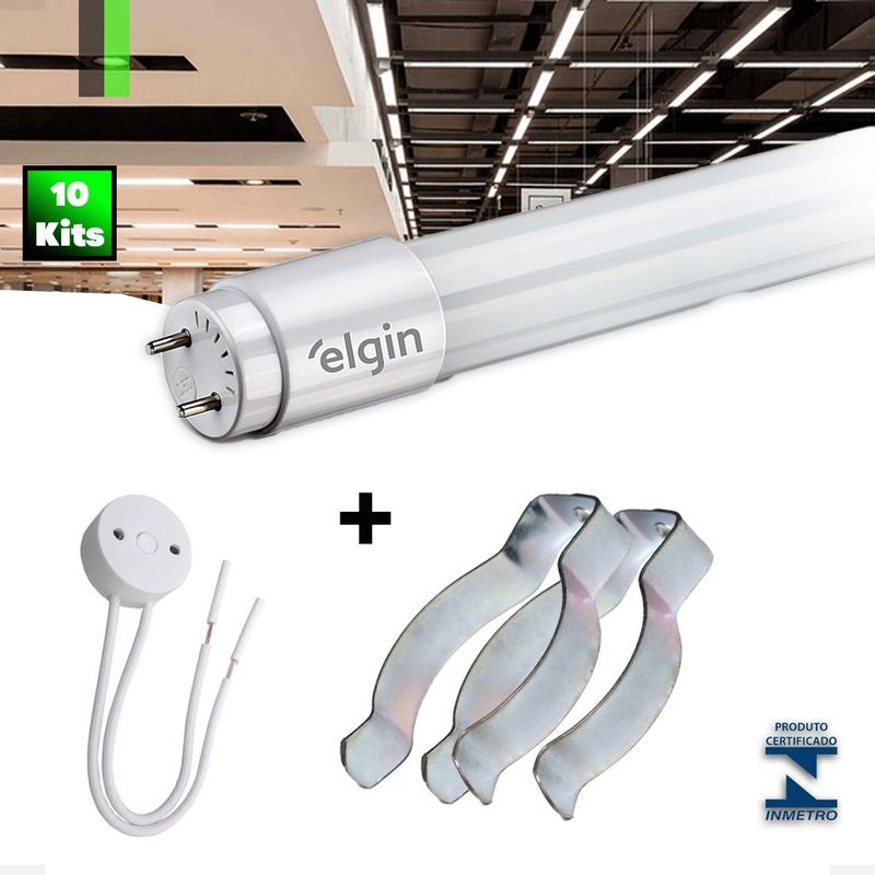 10x Lâmpada Tubular De Led 60cm 10w T8 6500k Branco Frio 900lm Vidro Bivolt 1 Lado + Conector T8 ...