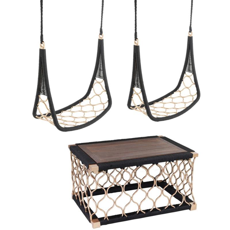 2 Balanços Suspenso e Mesa Tampo de Madeira, Alumínio Corda Náutica ...