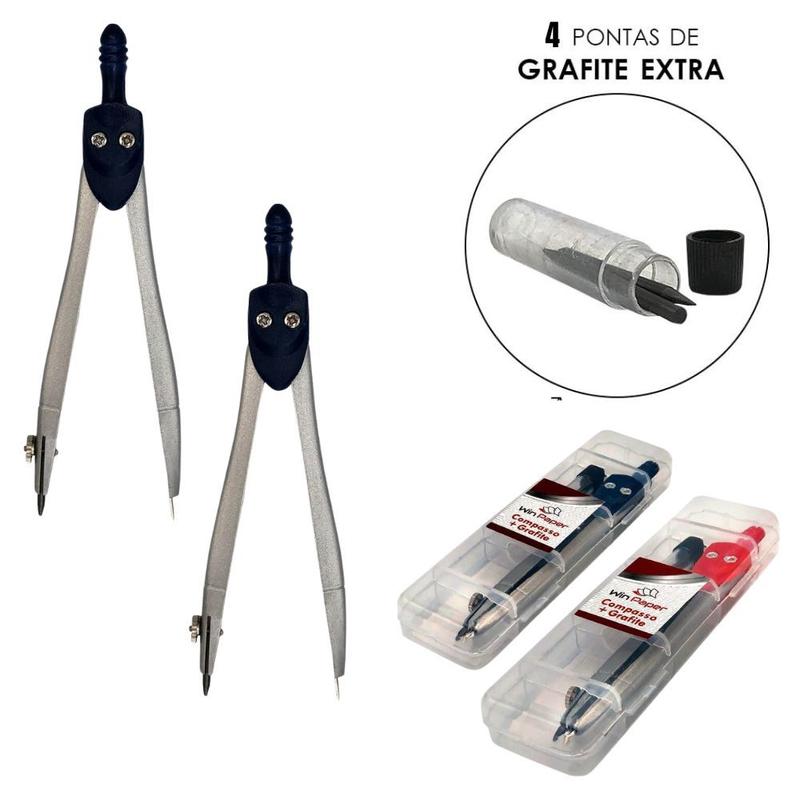 2 Compasso Escolar Metal Resistente 17 cm Desenho Geometria + 4 Pontas ...