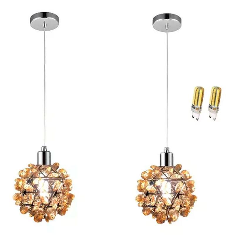2 Pendentes Praga Âmbar 11cm em Metal E Cristal com Lâmpada Top - Kit ...