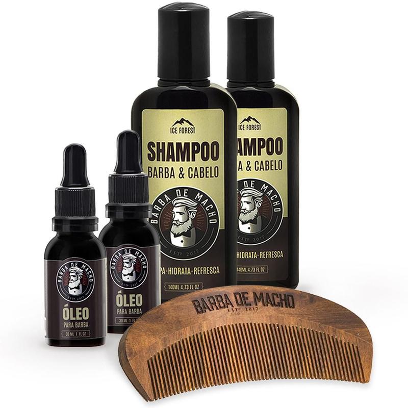 2 Shampoo + 2 Oleo + Pente Madeira + Kit Barba - Barba De Macho ...