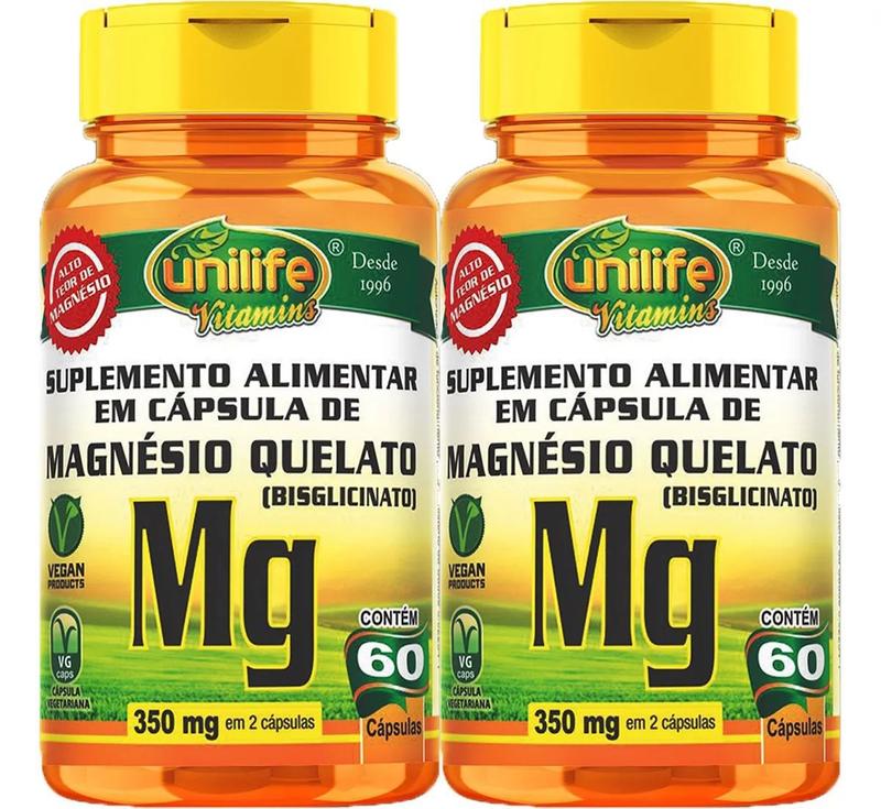 2x Magnésio Quelato - 60 Cápsulas 350mg - Unilife - Cloreto de Magnésio / Magnésio Dimalato ...