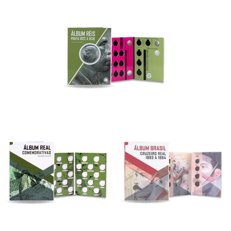3 Álbuns para moedas 1922 a 1938 Réis Prata, 1993 a 1994 Cruzeiro Real e Real Comemorativas ...