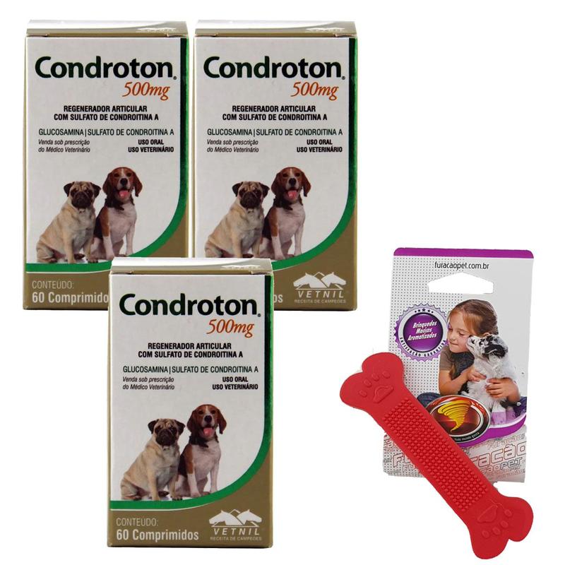 3 cx Condroton 500mg 60 Comprimidos Vetnil + 1 brinquedo borracha ...