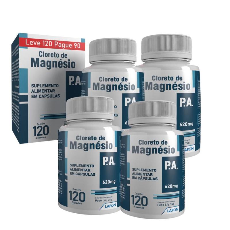 4 Suplemento Alimentar Cloreto De Magnésio PA C 120 Cápsulas - LAPON - Cloreto de Magnésio ...