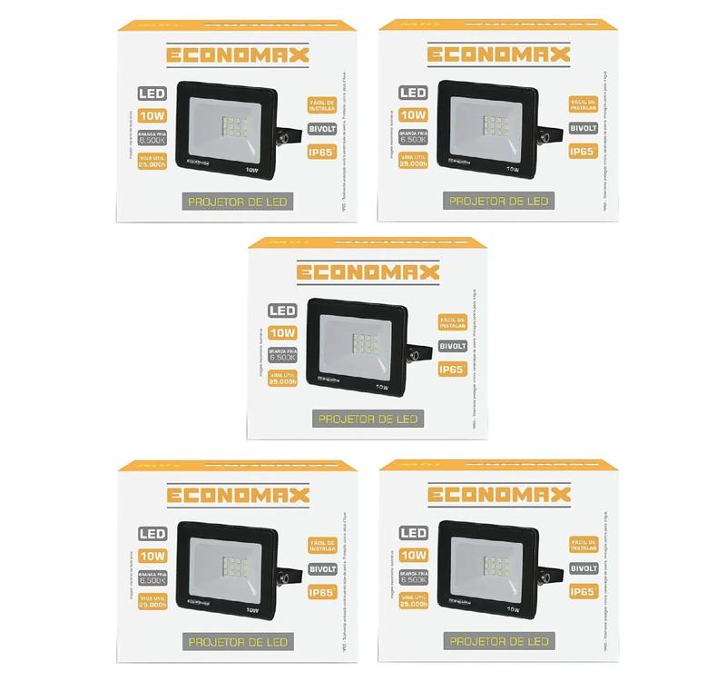 5x Refletores Led Branco Frio Economax 10W P/ Sol e Chuva - Luminária ...