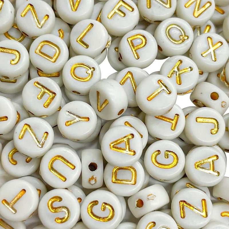 600un Missangas Brancas Redondas com Letras Douradas Alfabeto Para ...